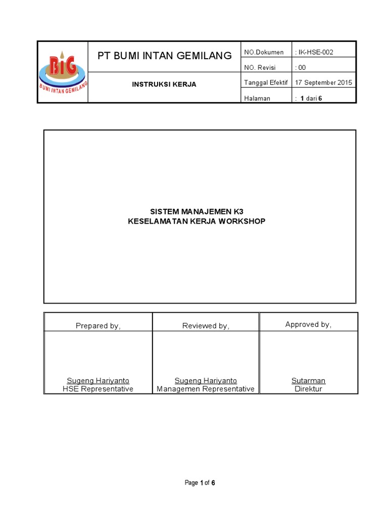 IK-HSE 002 Keselamatan Kerja Workshop | PDF