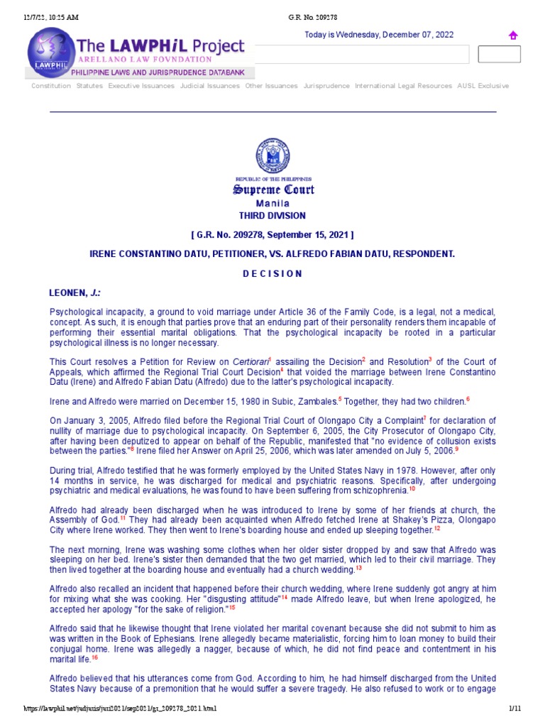 Psychological Incapacity as a Legal Concept: Marriage Annulment Due to ...