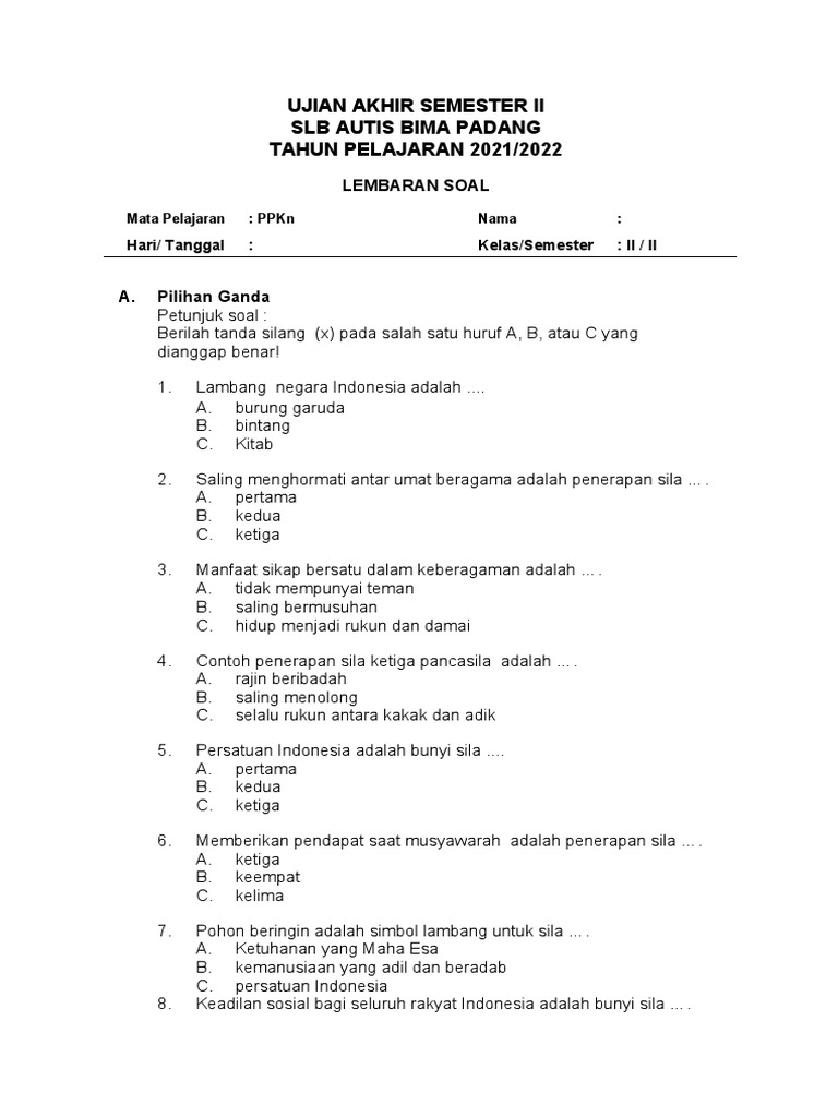 Soal PPKN Kelas 2 SEMESTER 2 SDLB | PDF