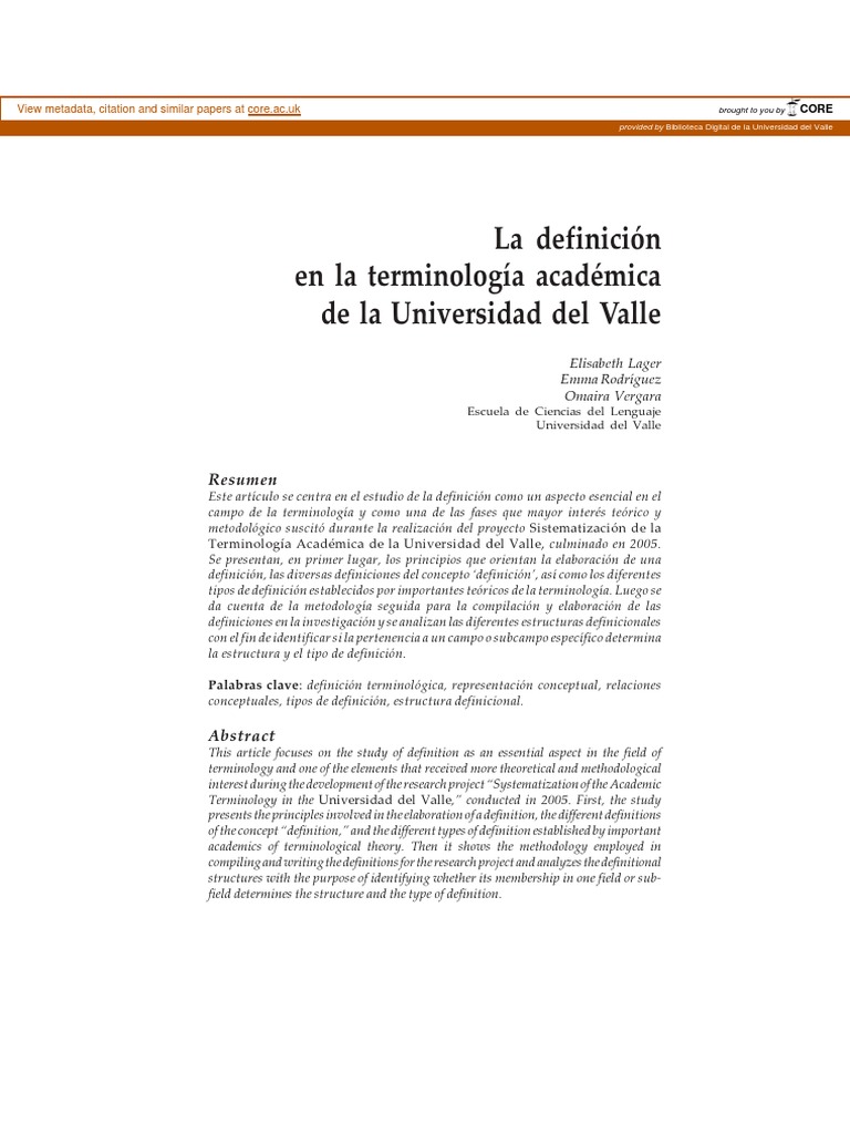 La Definición en La Terminología Académica de La Universidad Del Valle ...