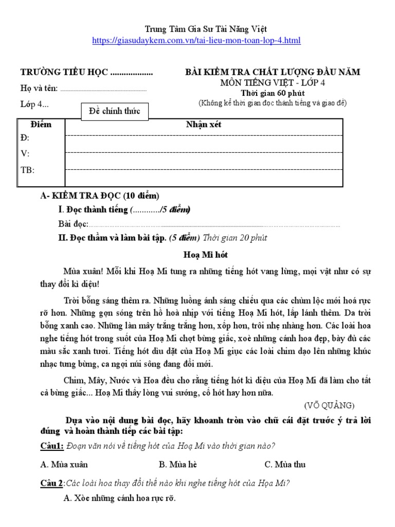 De Khao Sat Chat Luong Dau Nam Toan Lop 4 de Kiem Tra Chat Luong Dau Nam Mon Toan Tieng Viet Lop ...