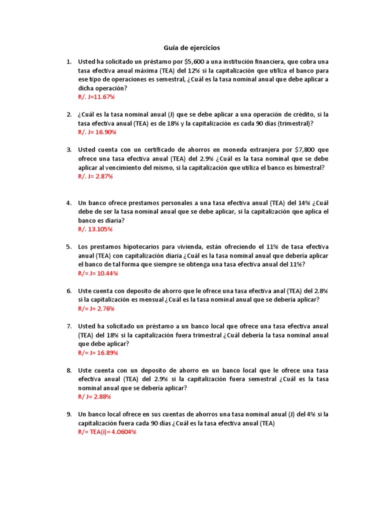 Guia de Ejercicio, TEA, J | PDF | Bancos | Interés