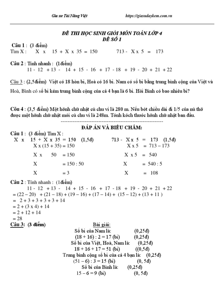 De Thi Hoc Sinh Gioi Mon Toan Lop 4 de Thi Hoc Sinh Gioi Mon Toan Lop 4 | PDF