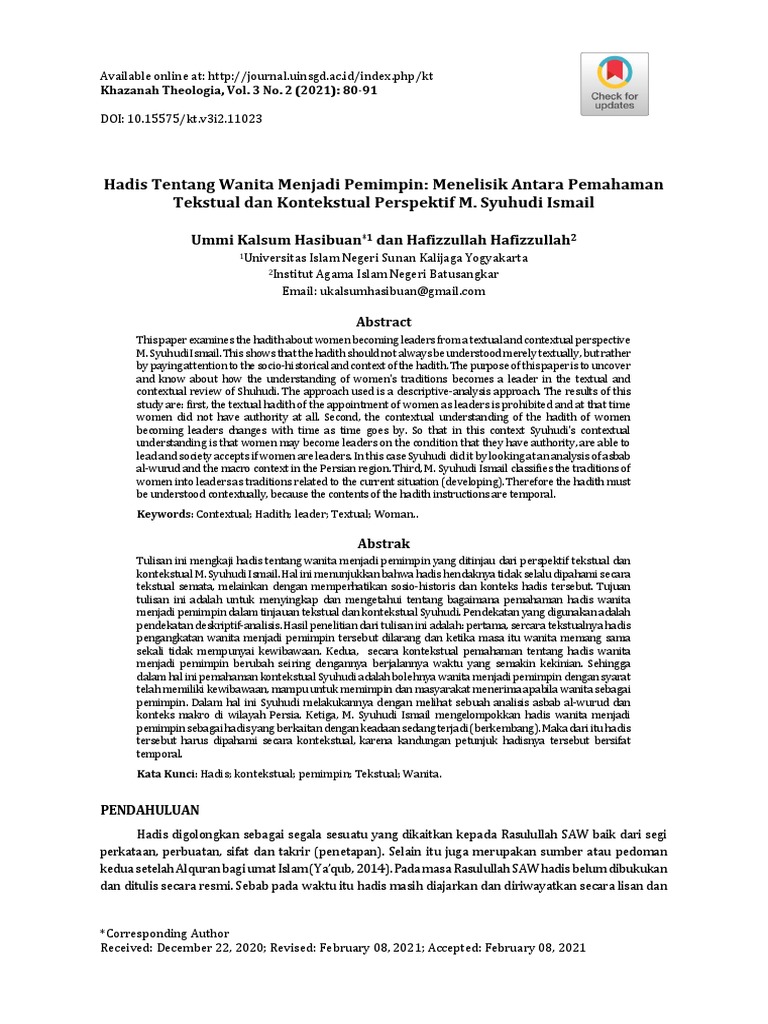 Hadis Tentang Wanita Menjadi Pemimpin: Menelisik Antara Pemahaman Tekstual dan Kontekstual ...