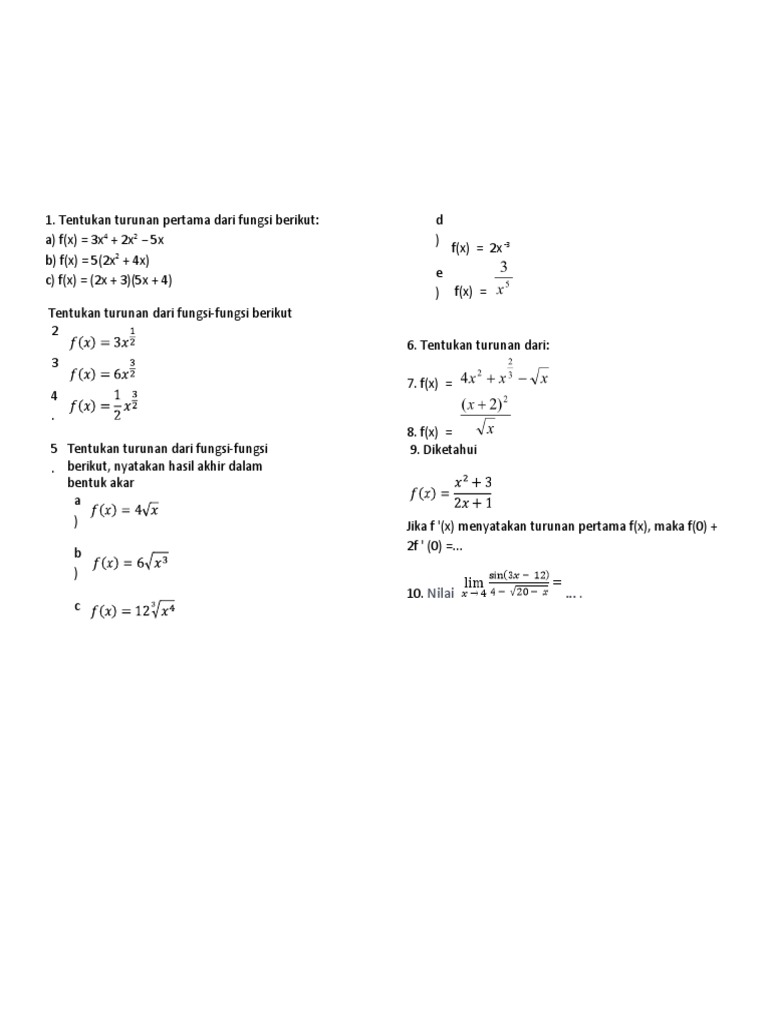 Soal Turunan Fungsi Aljabar | PDF