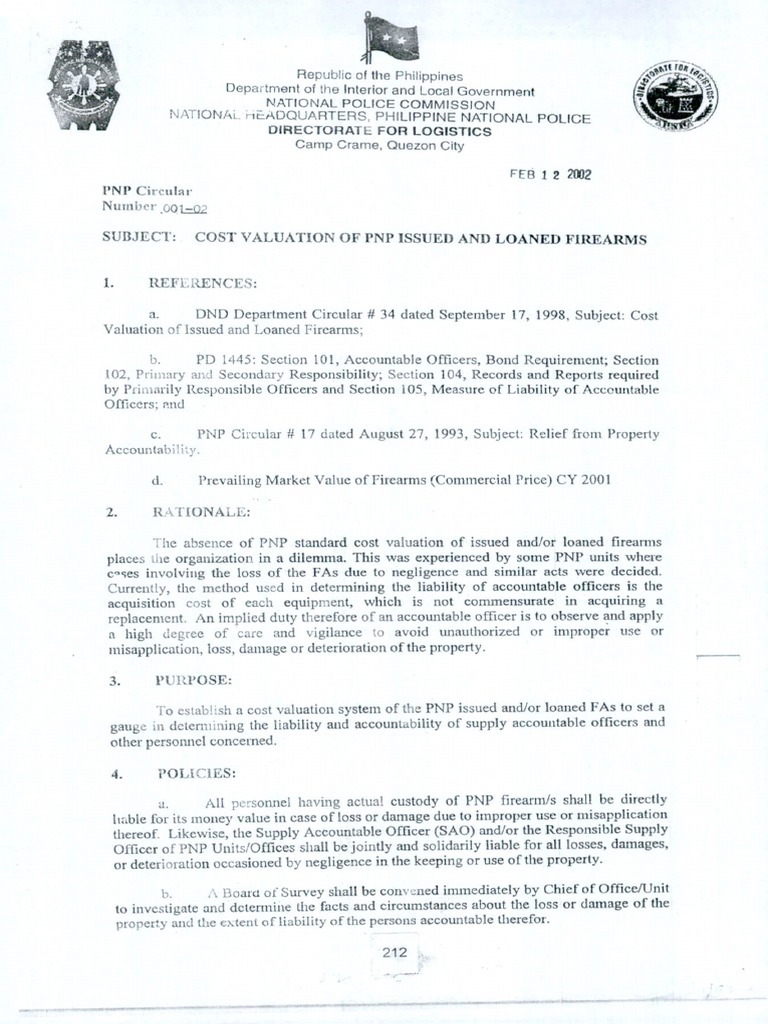 11 PNP Cir 001-02 Cost Valuation of PNP Issued and Loaned Firearms | PDF