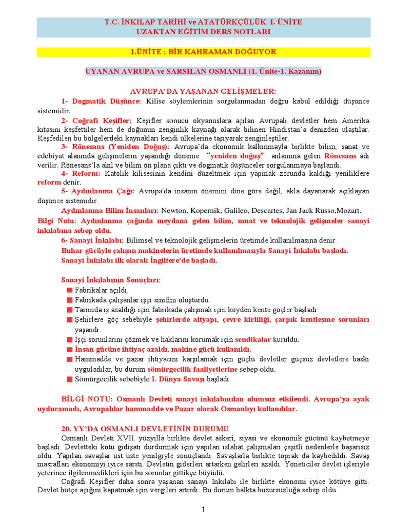 8.sinif Inkilap Tarihi 1.unite Konu Ozeti | PDF