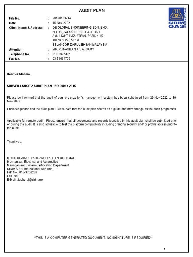 Audit Plan | PDF | Quality Management System | Audit