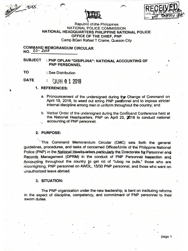 PNP CMC No. 20-2018 (PNP Oplan Disiplina) | PDF
