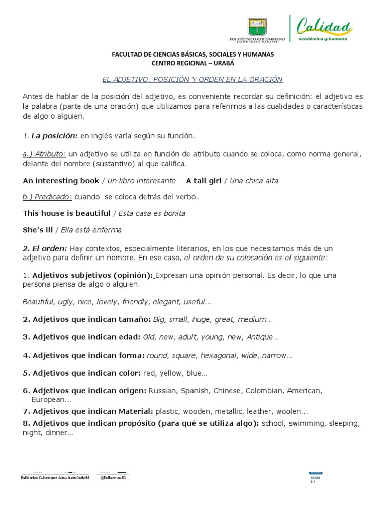 Summary - Use of Adjectives. | PDF | Adjetivo | Mecánica del lenguaje