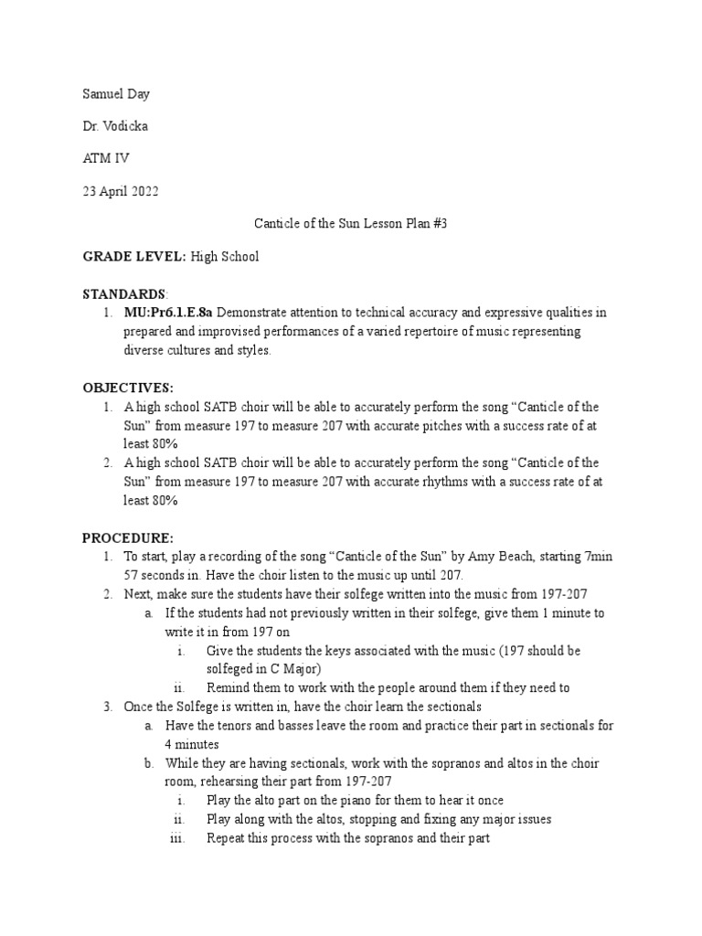 Canticle of The Sun Lesson Plan 3 | Download Free PDF | Choir | Piano