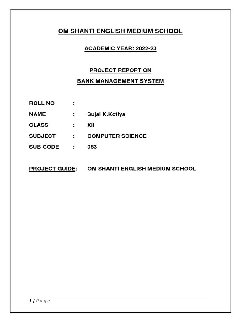 Computer Science Project On Bank Management System Class 12 Sujal