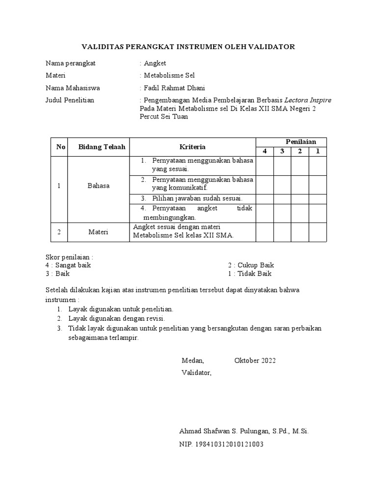 Surat Validasi Instrumen Angket | PDF