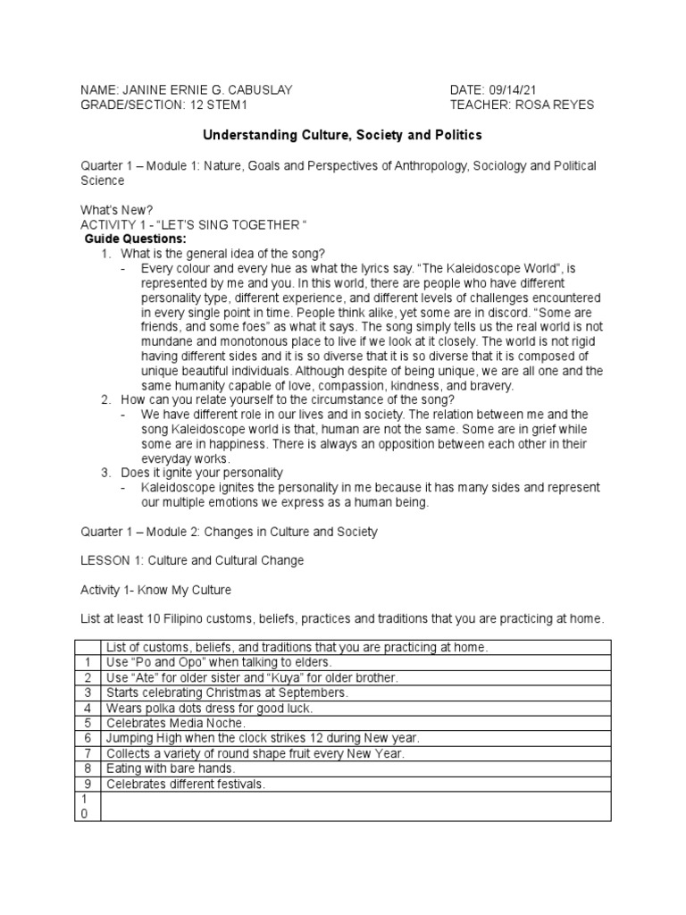 Understanding Culture and Society Module 1 | PDF | Sociocultural ...
