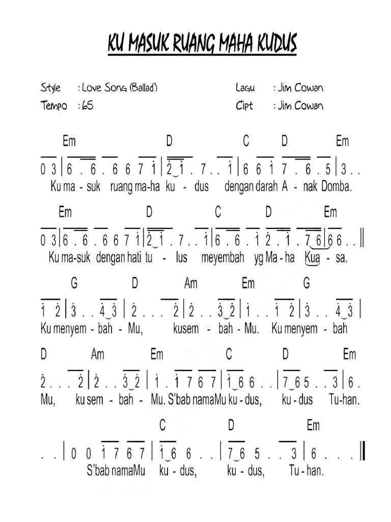 Ku Masuk Ruang Maha Kudus Partitur | PDF