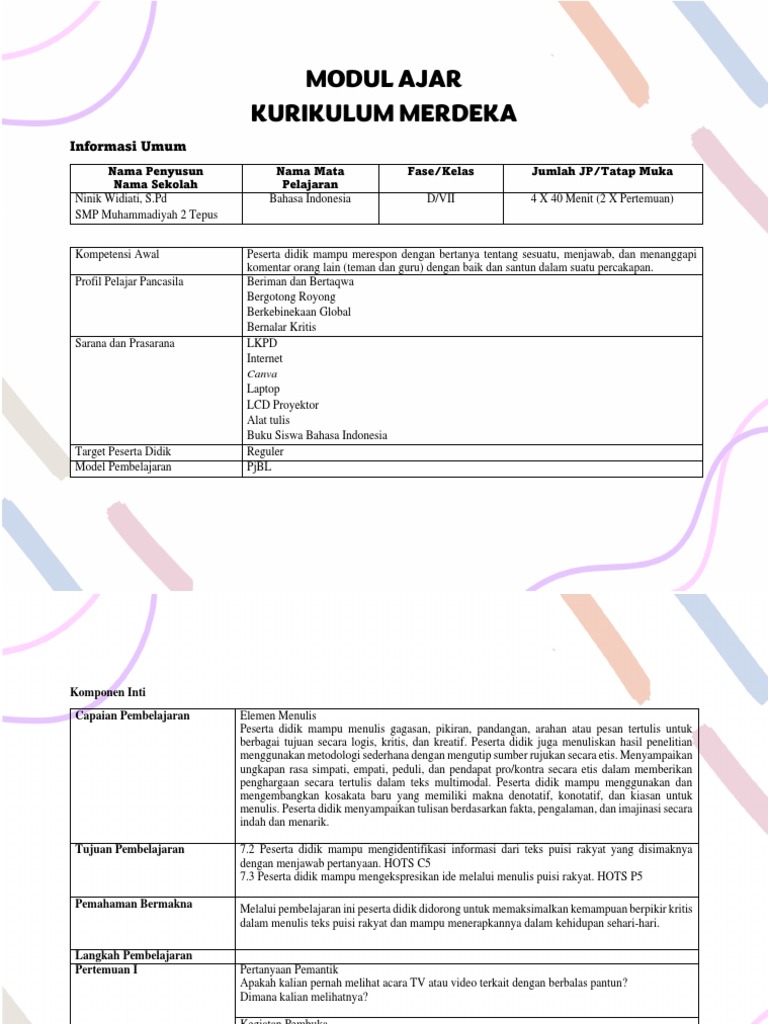 Modul Ajar Puisi Rakyat Ninik Widiati | PDF