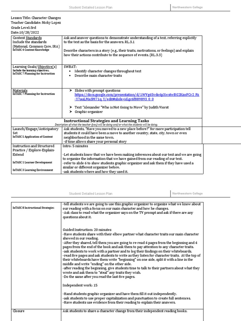 3rd Grade Lesson Plan on Character Changes | PDF | Lesson Plan ...