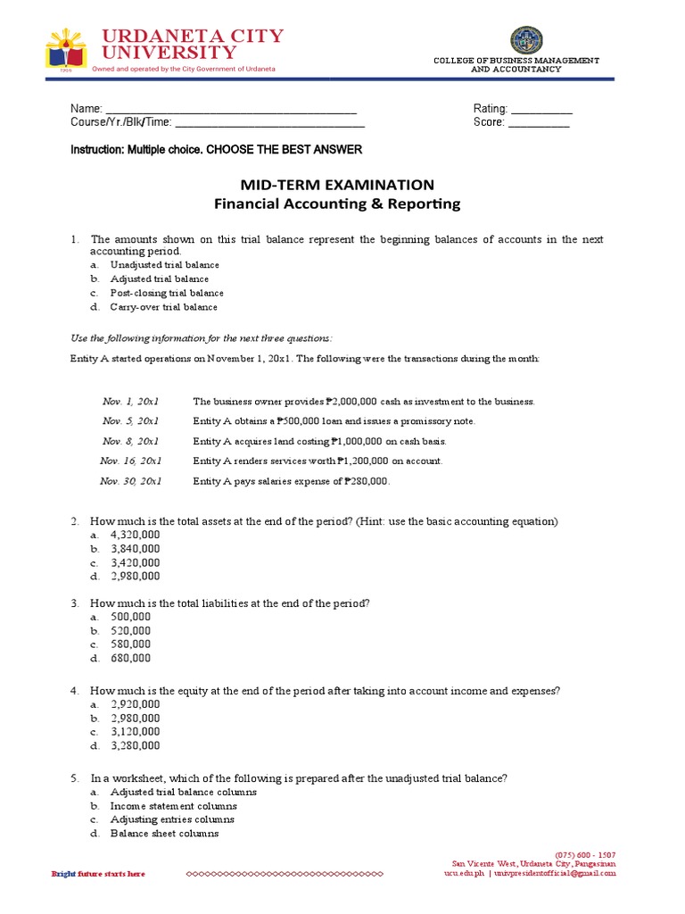 Mid Term Examination Far 1st Sem 22 23 | PDF | Debits And Credits | Expense
