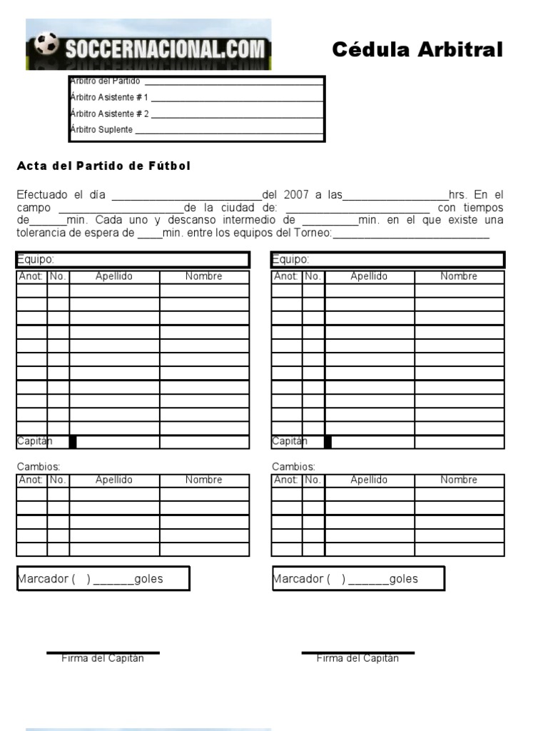 Cedula Arbitral Futbol Soccernacional | PDF