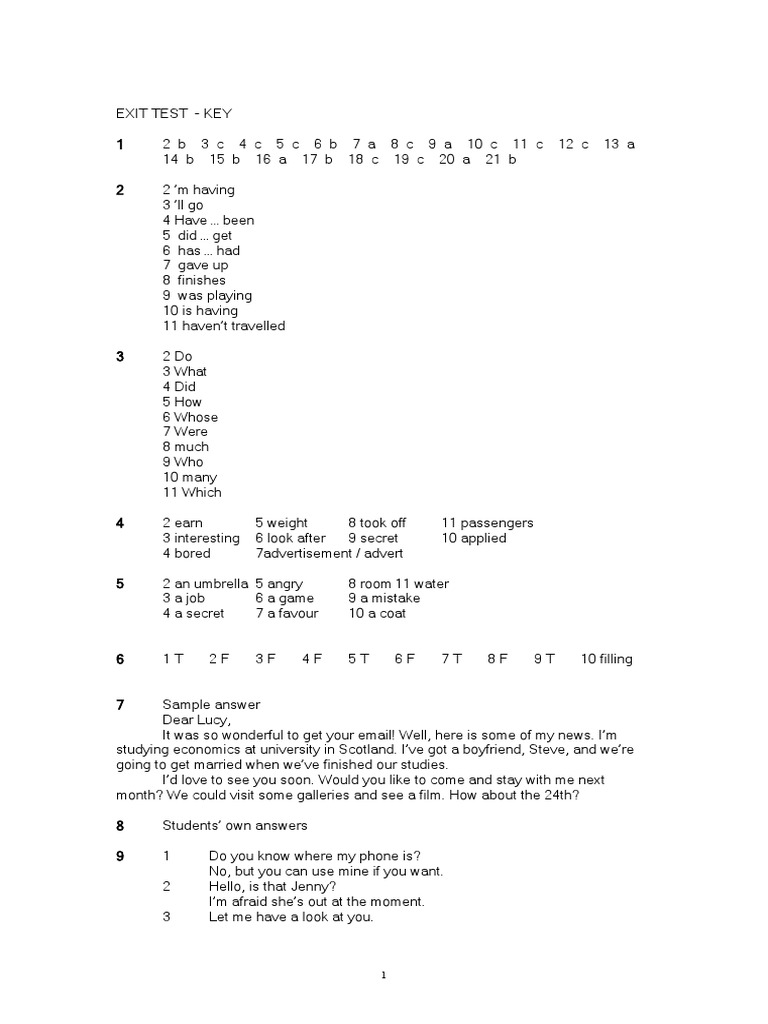 Exit Test Answer Key | PDF