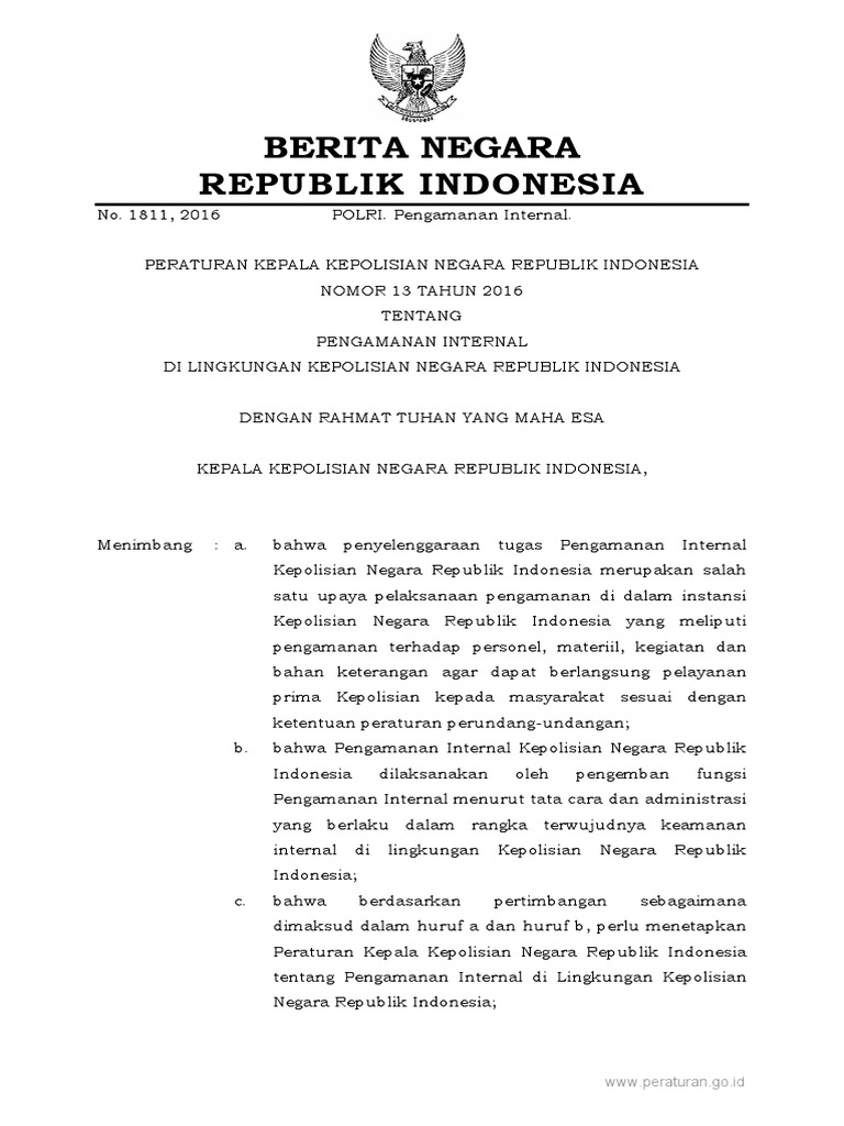 Perkap No 13 Tahun 2016 Paminal | PDF