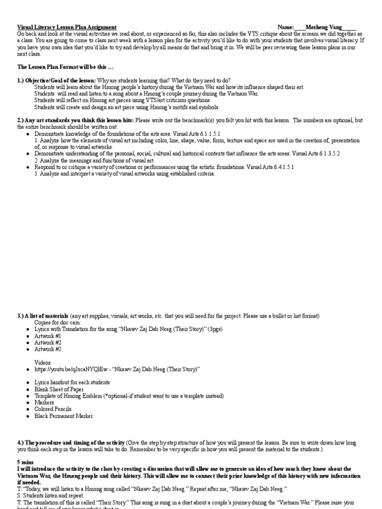 Visual Literacy Lesson Plan Assignment Mesheng Vang 3 | PDF | Lesson ...