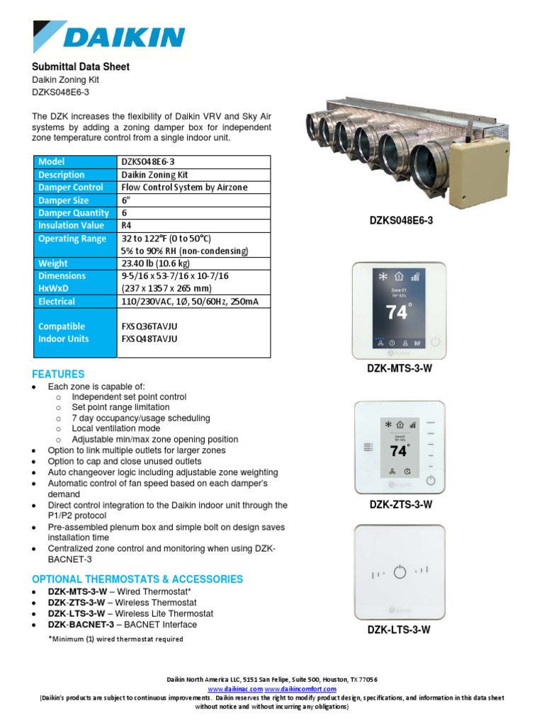 Daikin Zoning Kit DZKS048E6-3 Submittal Data Sheet | PDF | Thermostat ...