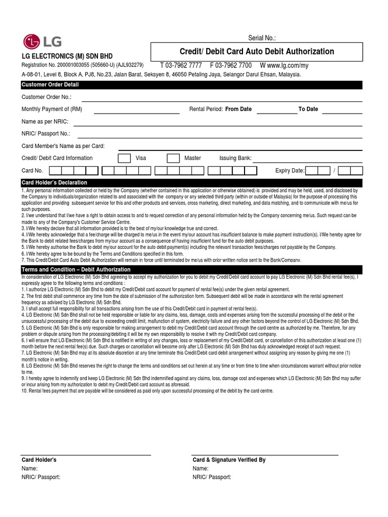 LG Puricare Auto Debit Form | PDF | Debit Card | Credit Card