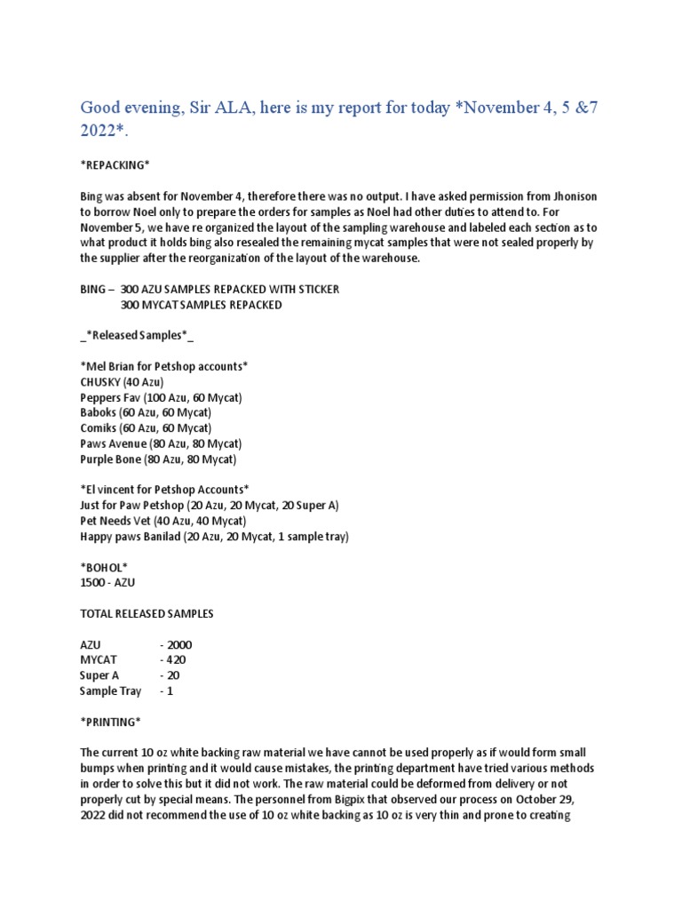 Report on Repacking, Releasing, and Printing of Samples and Job Orders ...