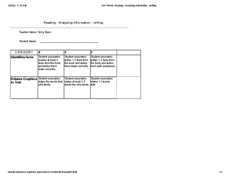 Reading Analysis Rubric for Students | PDF