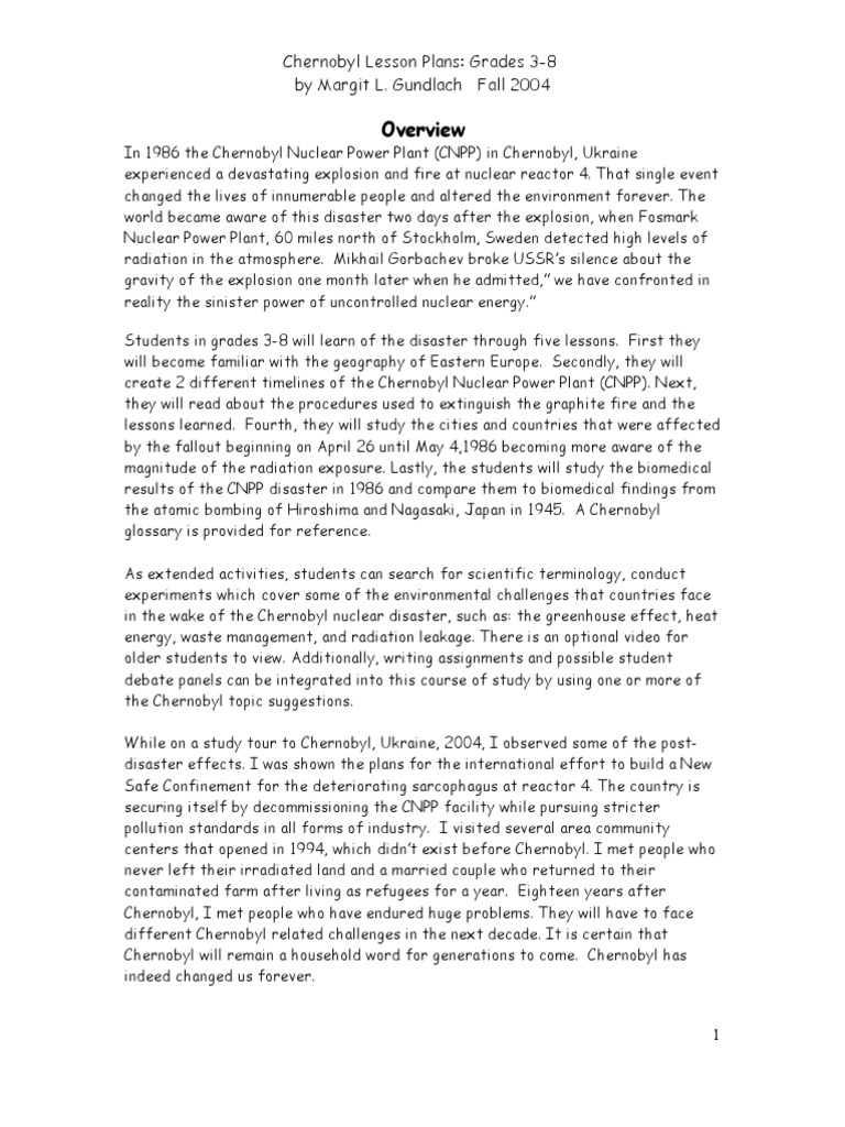 Chernobyl Lesson Plans for Grades 3-8 | PDF | Chernobyl Disaster ...