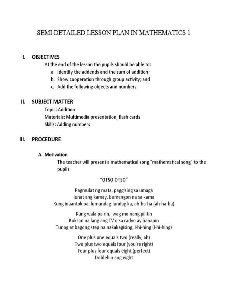 Mathematics Lesson Plan: Addition Skills | PDF | Learning | Behavior ...