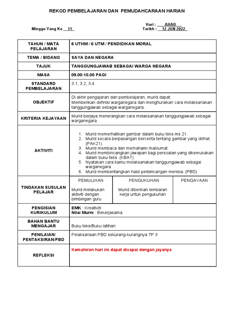 Rekod Pembelajaran Dan Pemudahcaraan Harian | PDF