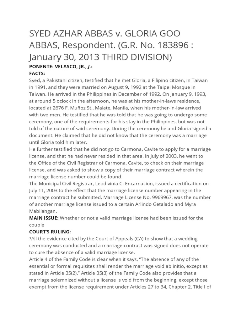 LAW 3100 - Persons & Family Relations - JD 107. G.R. No. 183896 - Abbas vs. Abbas - Case Digest ...
