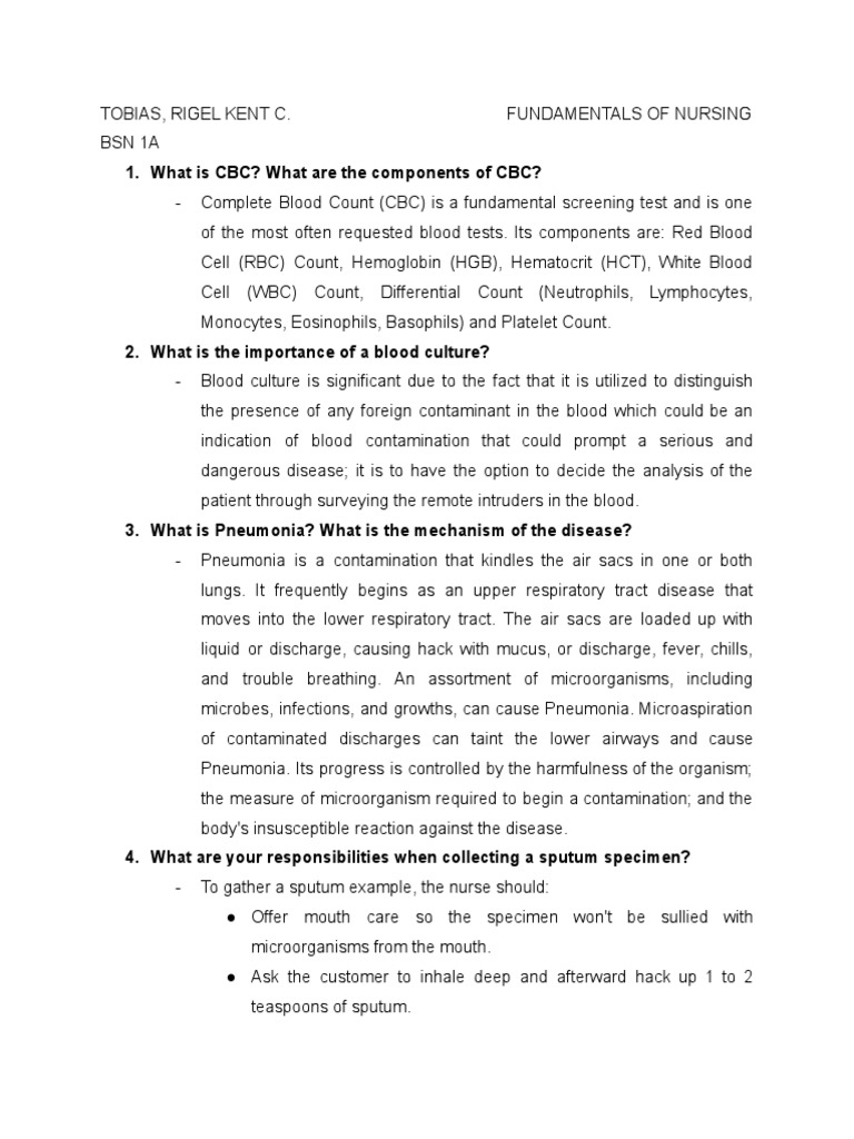 CBC - Activity Fundamentals of Nursing | PDF | Pneumonia | Medical ...