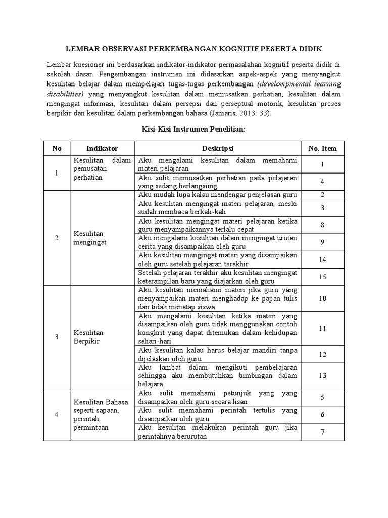 Lembar Kuesioner Perkembangan Kognitif Peserta Didik | PDF