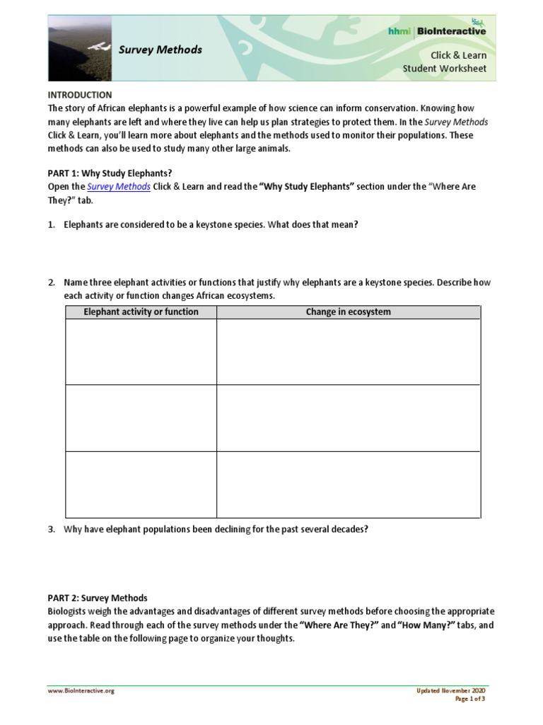 SurveyMethods StudentWS CL | PDF | Elephant | Conservation Biology