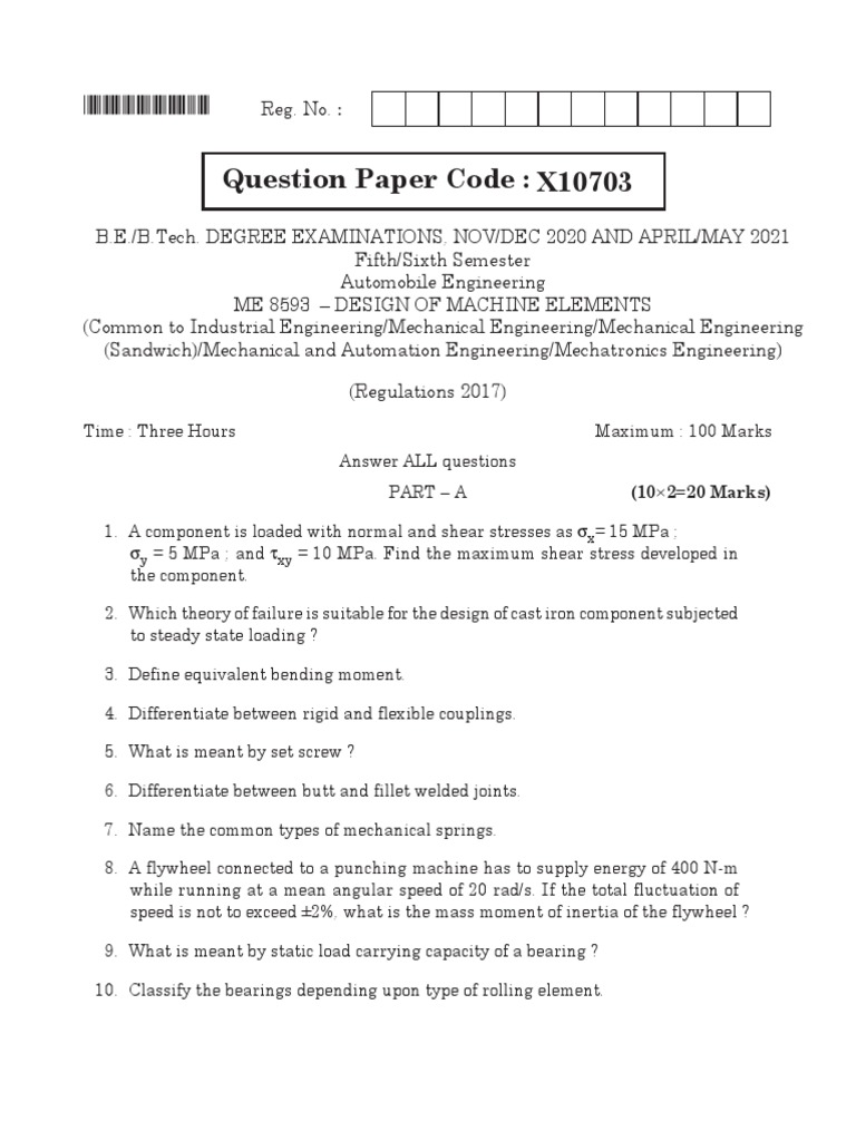 ME 8593: Design of Machine Elements Exam | PDF | Strength Of Materials ...