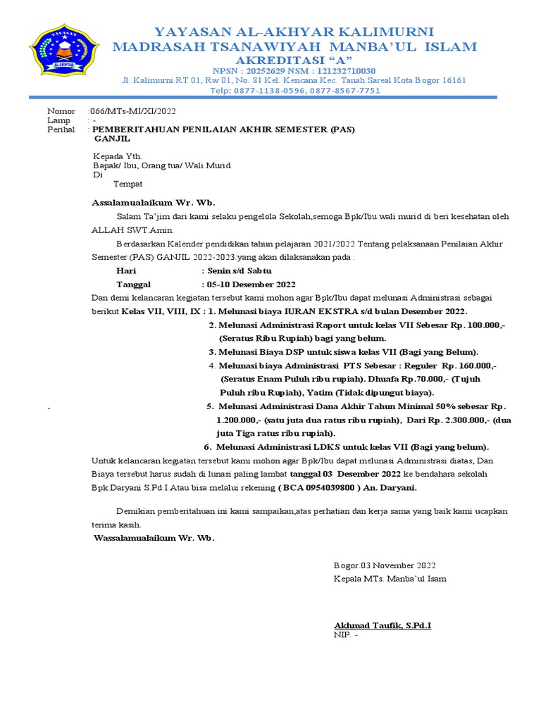 Surat Pemberitahuan PAS TP.2022-2023 MTS GENAP | PDF