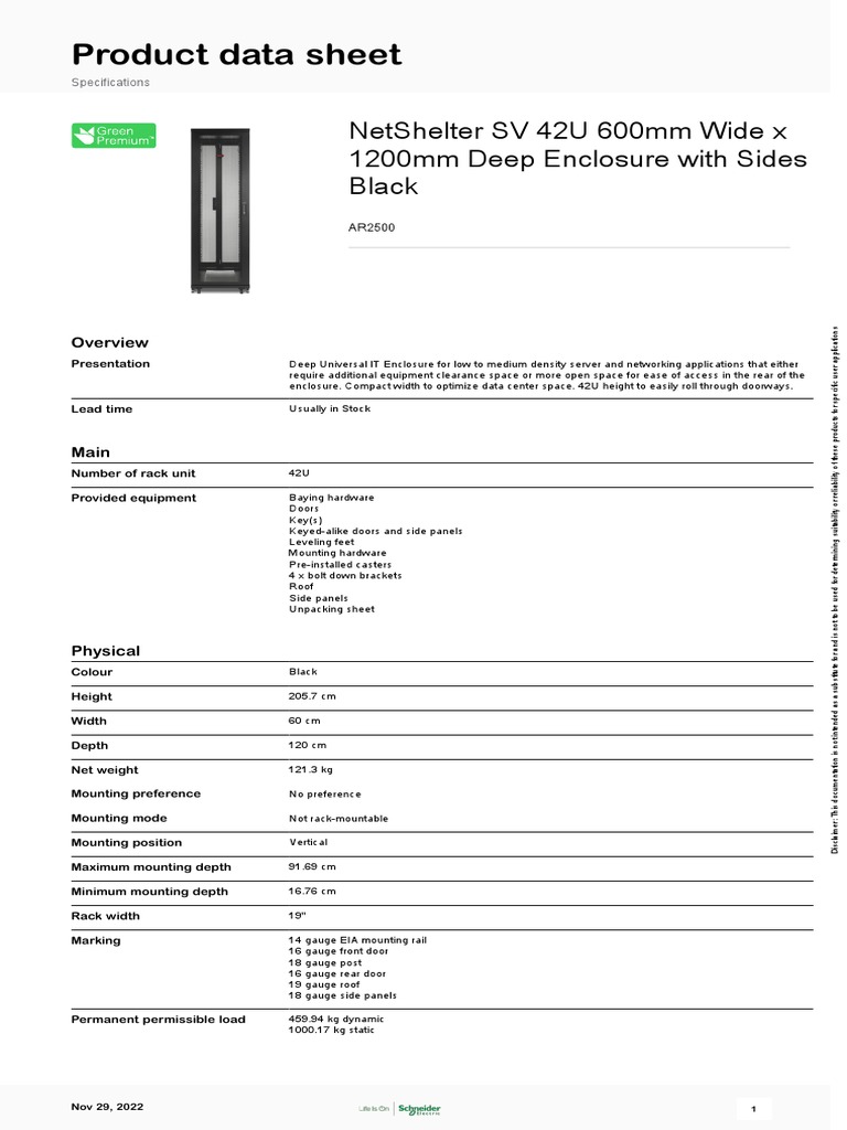 NetShelter SV 42U AR2500 Data Sheet | PDF | Computing