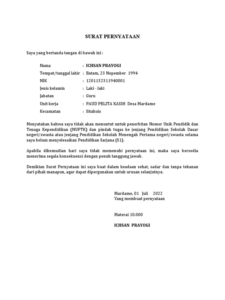 Surat Pernyataan Dapodik Guru PAUD | PDF