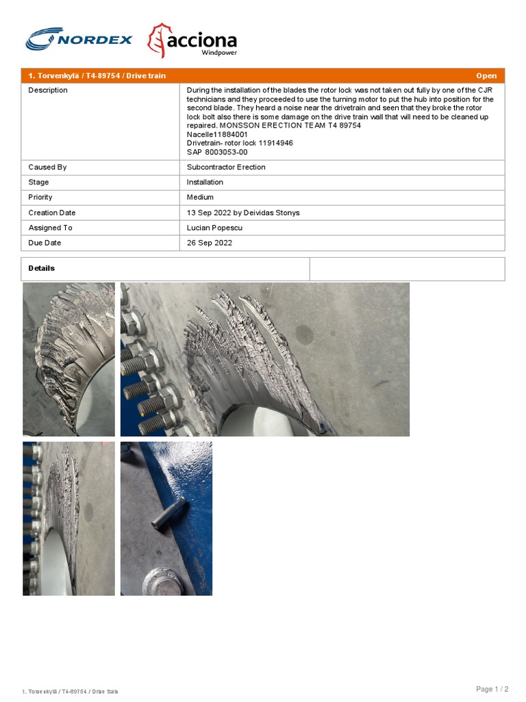 Drive Train Damage Report T4-89754 | PDF