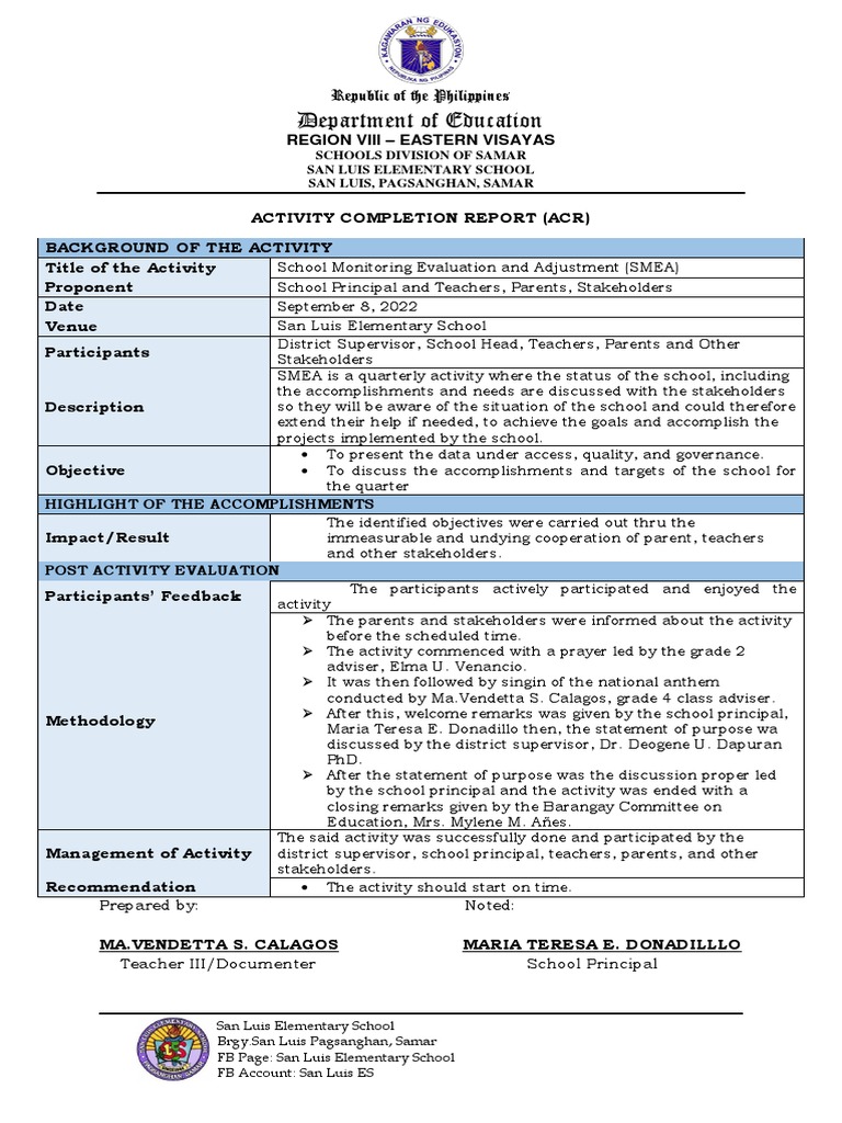 SMEA Activity Report - San Luis Elementary | PDF