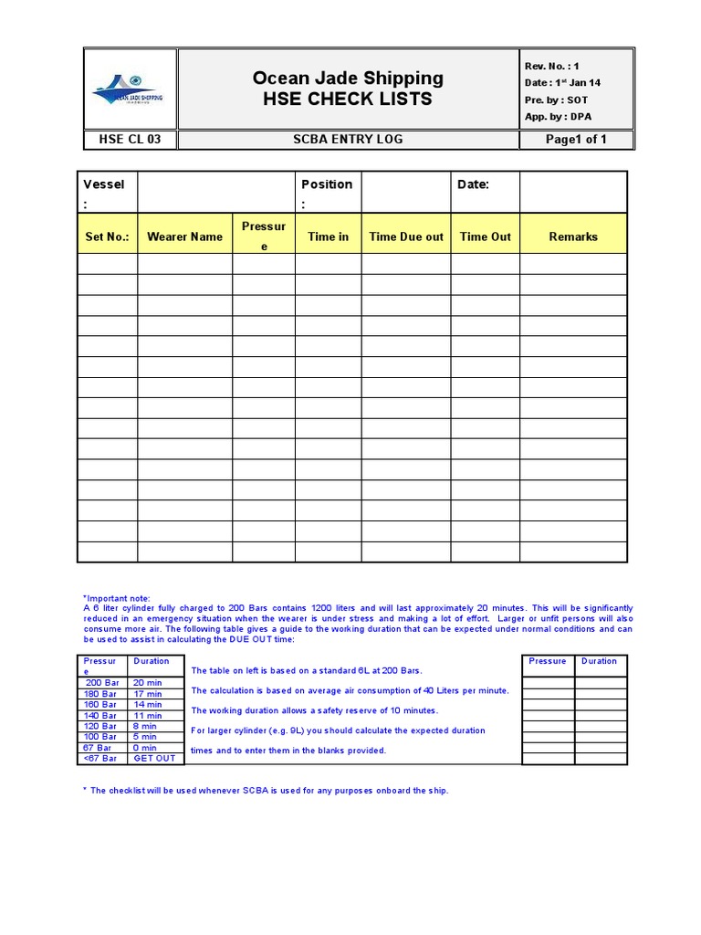 HSE CL 03 SCBA Entry Log Checklist | PDF