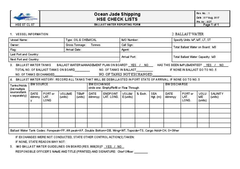 HSE CL 07 Ballast Water Reporting Form | PDF