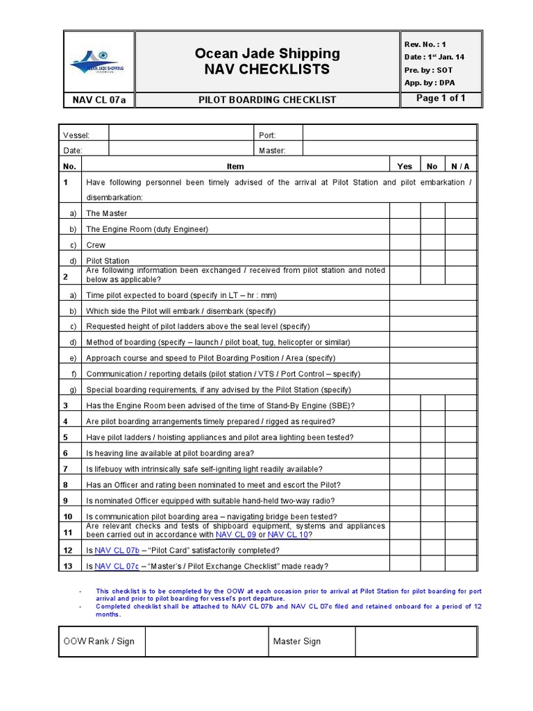 NAV CL 07a - Pilot Boarding Checklist | PDF | Transport | Watercraft