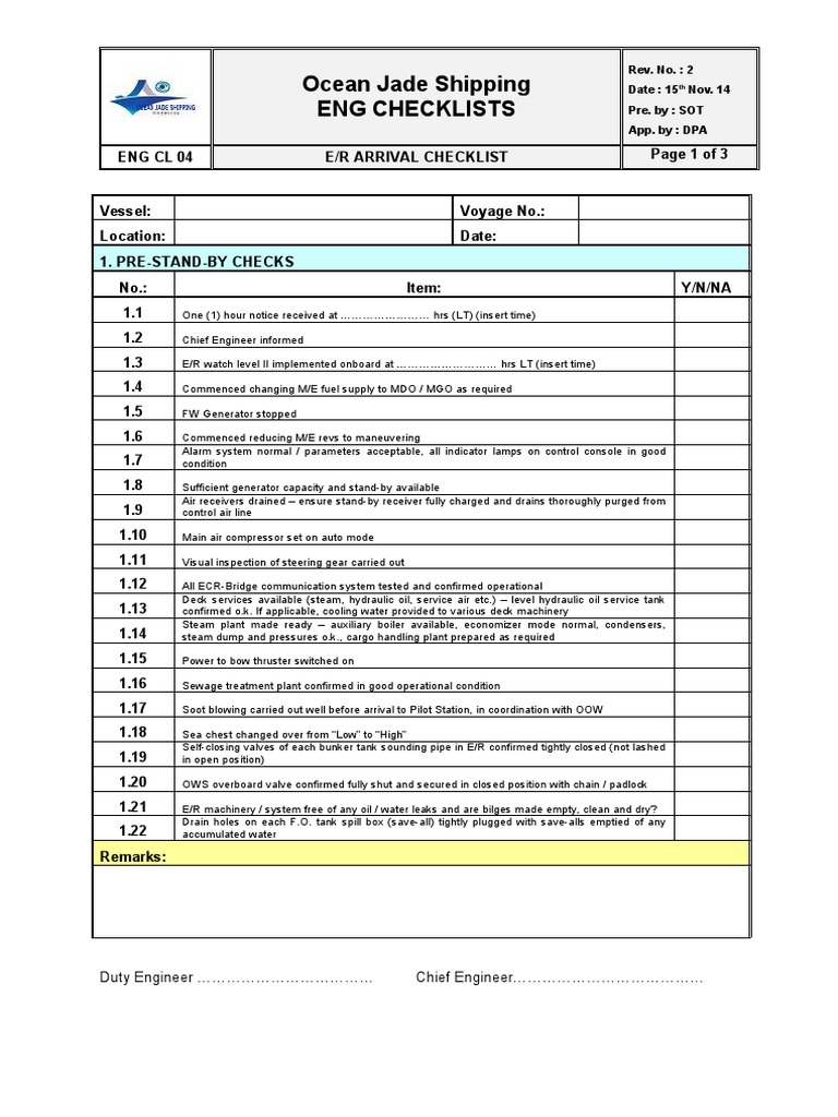 Engine Room Arrival Checklist | PDF | Mechanical Engineering ...
