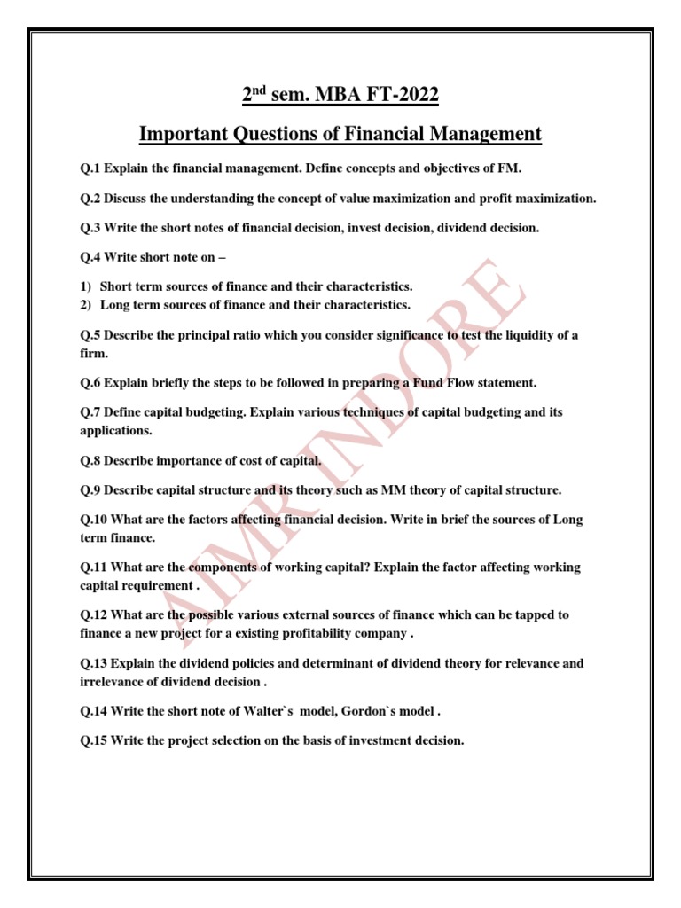 Important Questions of FM | PDF