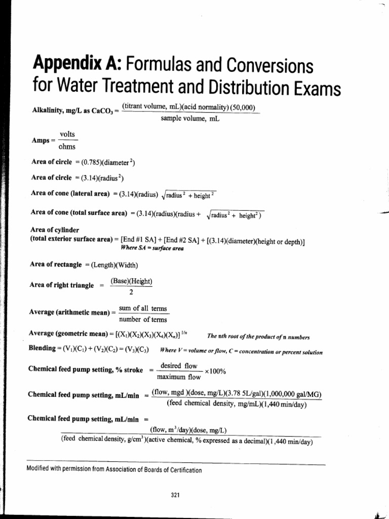 Appendix A Formulas and Conversions For Water Treatment and Distribution Exams | PDF
