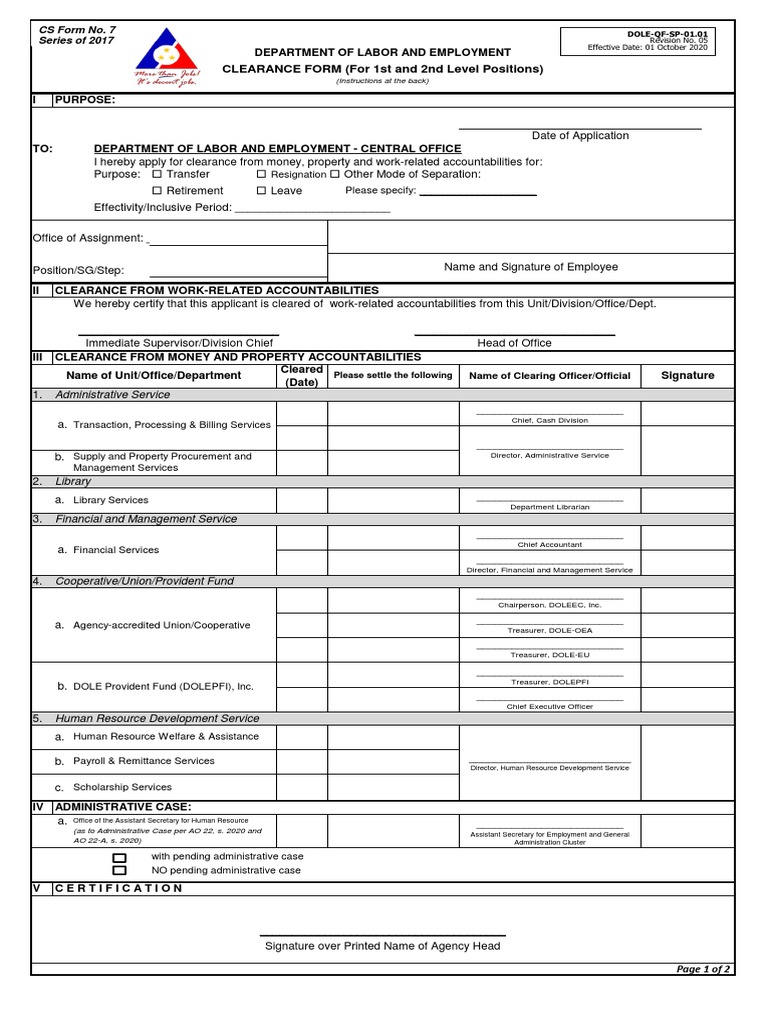 CS Form No. 7 Clearance Form - DOLE-CO (1st and 2nd Level) - 21 ...